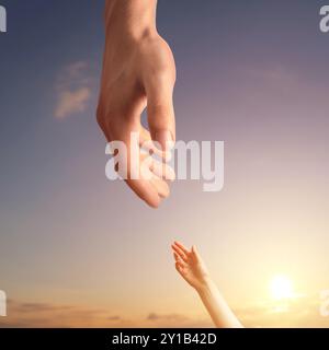 God's help and support. Human reaching for hand from heaven Stock Photo ...