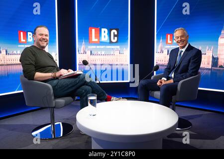 LBC presenter James O'Brien recording an interview with former prime minister Sir Tony Blair, at ...