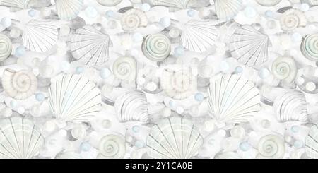 Seamless border of sea shells, pebbles and seaweed watercolor pattern ...