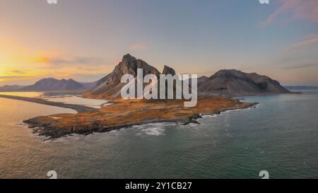 Aerial view of Eystrahorn mountain and coastal landscape on Stokksnes ...