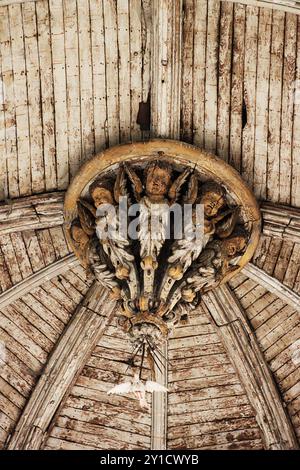 Carved wooden angel on the roof of the christian church of St John the ...