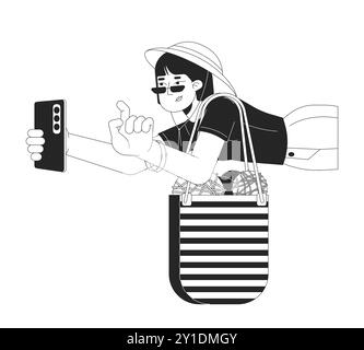 Asian woman with yarn bag taking photo 2D linear cartoon character ...