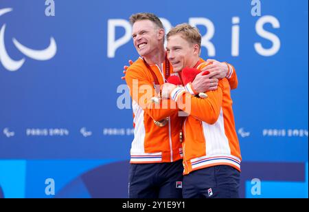 Gold medallist Tristan Bangma and pilot Patrick Bos of the Netherlands ...