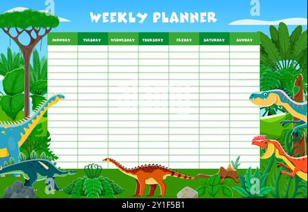 Weekly planner schedule with prehistoric dinosaurs. Kids education ...