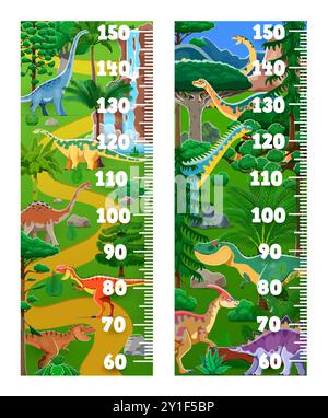 Kids height chart ruler with prehistoric dinosaurs. Vector growth meter ...