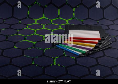 Colorful old floppy disks for old 16-bit and 8-bit 3.5-inch computers ...