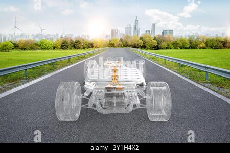 3d rendering transparent ev car or electric vehicle in town with ...