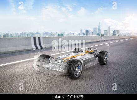3d rendering transparent ev car or electric vehicle in town with ...