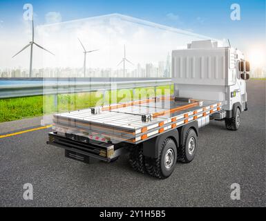 3d rendering ev logistic trailer truck or electric vehicle lorry with ...