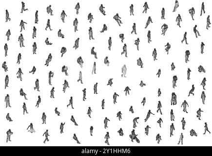 Wireframe of crowd of walking people from black lines isolated on white ...