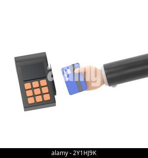 Cartoon hand holding credit card and payment terminal. POS terminal ...