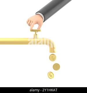 Money tap. 3d illustration flat design. Open a water tap,gold coins ...