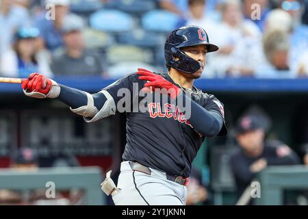 Bo Naylor #23 of the Cleveland Guardians looks on during a game against ...