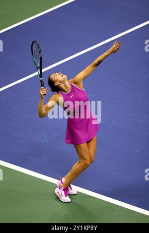 Flushing Meadows, US Open: Aryana Sabalenka during her semi final match against Emma Navarro of ...