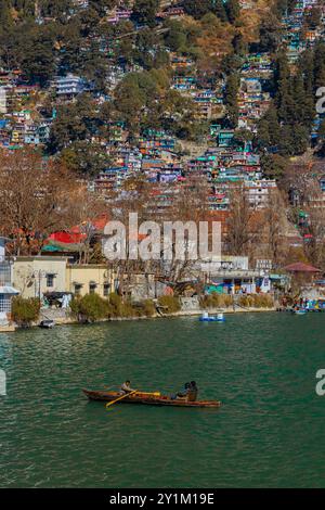 An aerial view of Naini lake and town at Nainital, India, a famous ...