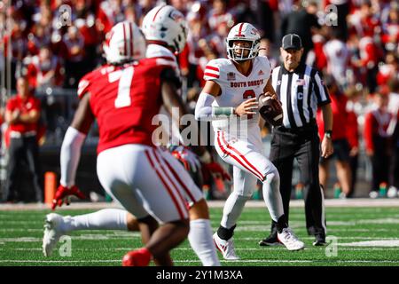 South Dakota quarterback Aidan Bouman (2) sends a pass downfield during ...