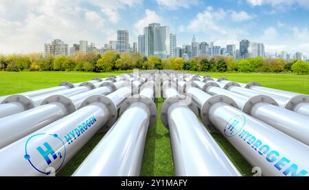 3d rendering metal hydrogen pipeline with green field and blue sky ...