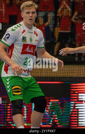 Niclas Benedict Heitkamp (GWD Minden, #23) celebrates a goal GER, GWD ...