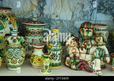 Clay ceramic decor. Kosiv painting. Different old Ukrainian dishes ...