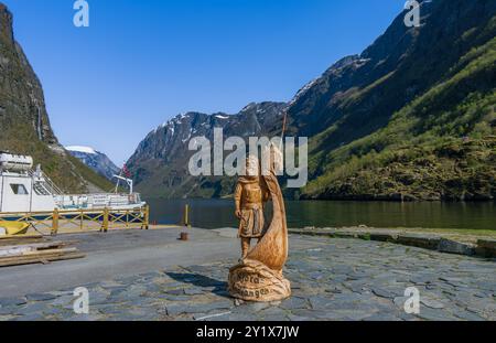 Wooden carved statue of a viking in the street in Reykjavik, Iceland ...