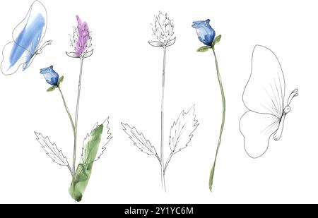 Watercolor and liner meadow flowers bouquet and element illustration ...