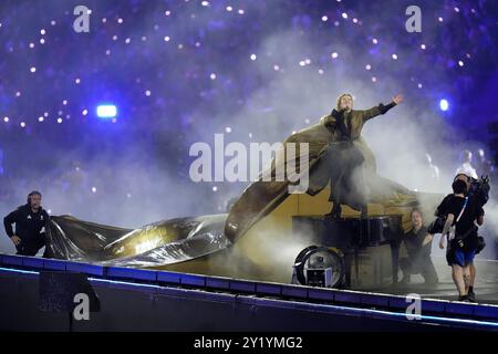 Singer Santa performs during the closing ceremony of the Paris 2024 ...