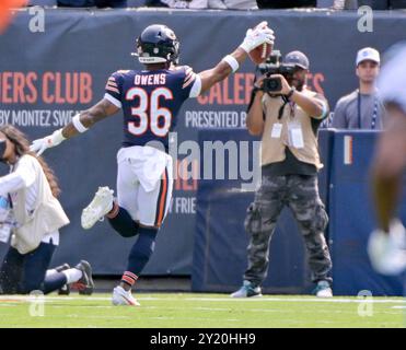 Chicago Bears safety Jonathan Owens (36) walks off the field after an ...