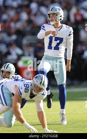 Dallas Cowboys' Brandon Aubrey (17) kicks a field goal in the first ...