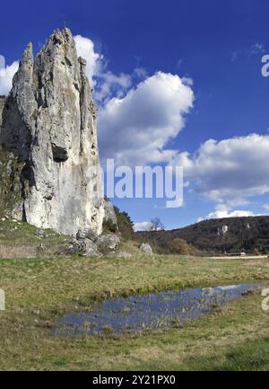 The Burgstein rock near Dollnstein in the nature park Altmuehltal ...