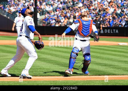 New York Mets catcher Luis Torrens, left, tags out Los Angeles Dodgers ...