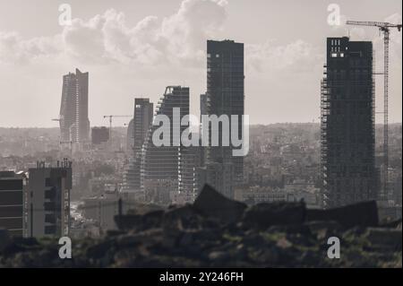 Construction cranes towering over Limassol city skyline. Cyprus Stock ...