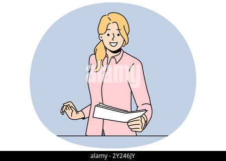 Smiling female employee deliver paperwork in office. Happy clerk pass ...