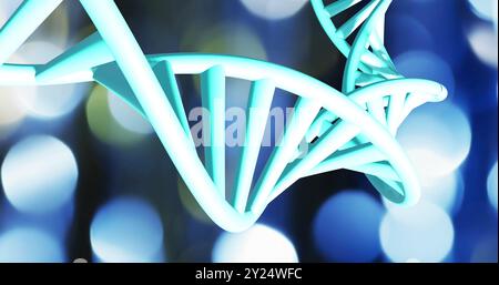 DNA strands image over blurred lights background Stock Photo - Alamy