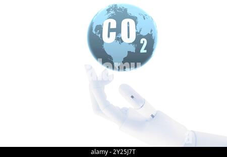 CO2 capture concept. Robot hand touch carbon dioxide on globe map ...