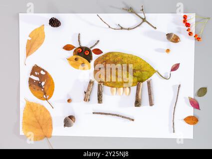autumn nature craft for kids, cow made of leaf, top view, activity for ...