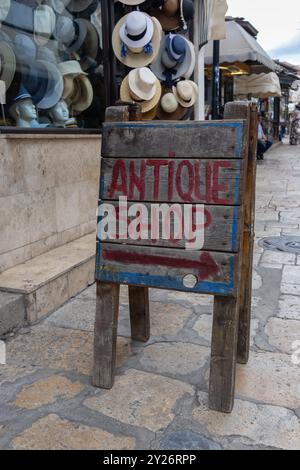 Antique Shop Sign Direction Arrow Wood Board Empty Chair at Street ...