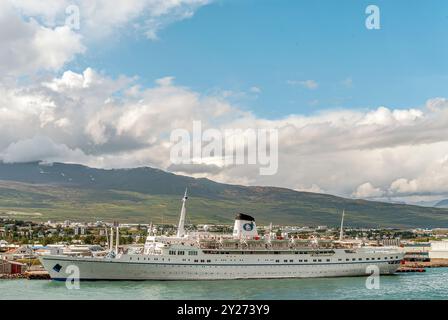 Cruise ship MV Funchal anchored in the port of Akureyri, Iceland Stock ...