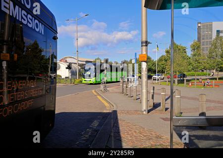 Green single-decker Flixbus, Cardiff Bay, South Wales, UK. Taken ...