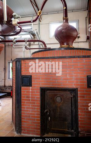 Double distillation process of cognac spirits in Charentias copper ...