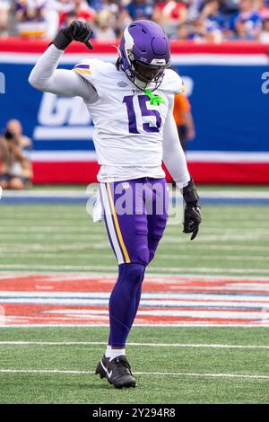 Minnesota Vikings linebacker Dallas Turner (15) moves across the field ...