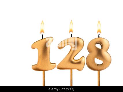 Golden number 128 birthday candle on white background Stock Photo - Alamy