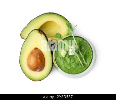 Glass of tasty avocado smoothie on white background, top view Stock ...