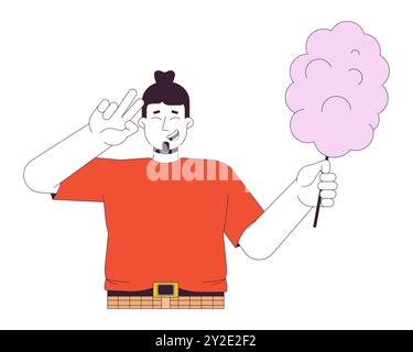 Joyful plus sized man with cotton candy black and white 2D line cartoon ...