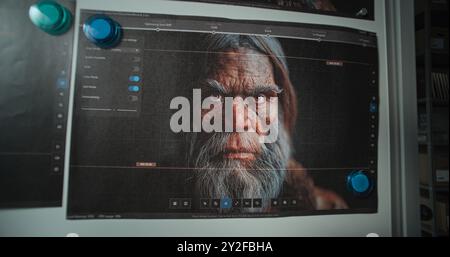 Board with printed images of 3D model of Neanderthals. Three ...