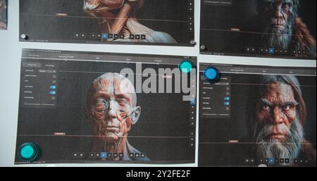 Board with printed images of 3D model of Neanderthals. Three ...