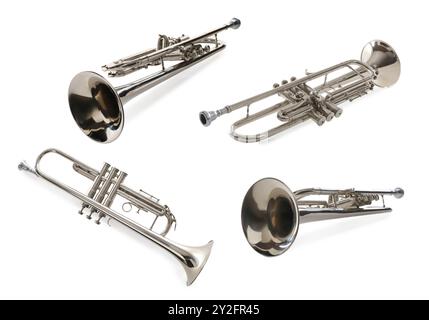 Trumpet isolated on white, collage. Musical instrument Stock Photo - Alamy