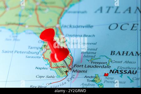 Miami map. Miami pin map. Close up of Miami map with red pin. Map with ...