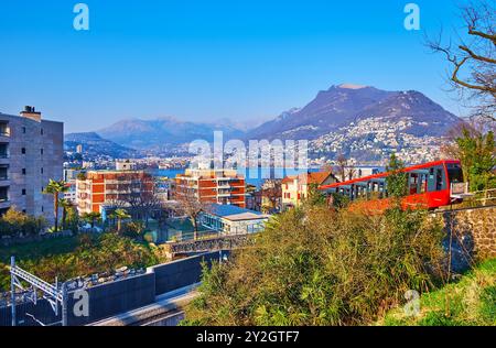 Lugano funicular to the Monte Bre and Lake Lugano, Switzerland Stock ...
