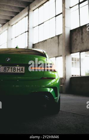 Bulgaria - 09 09 2024: Low angle view of the back side of a green 3 ...