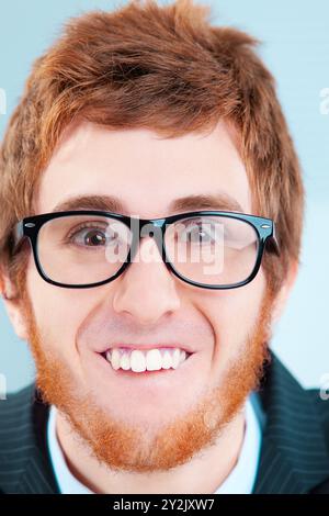 Headshot of happy redhead man with beard and white teeth, smiling ...